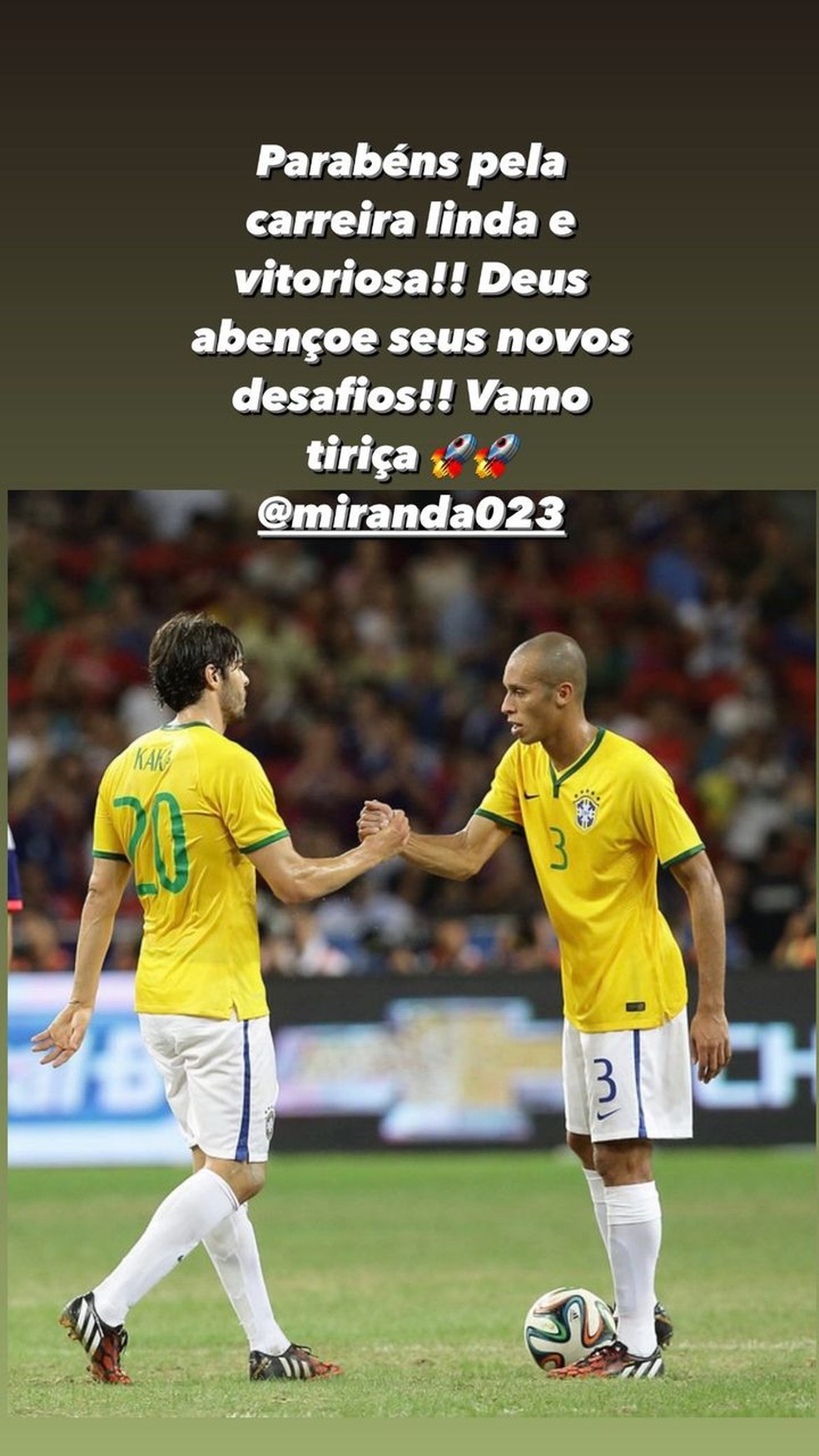 'Carreira linda e vitoriosa', homenageia Kaká em despedida a Miranda