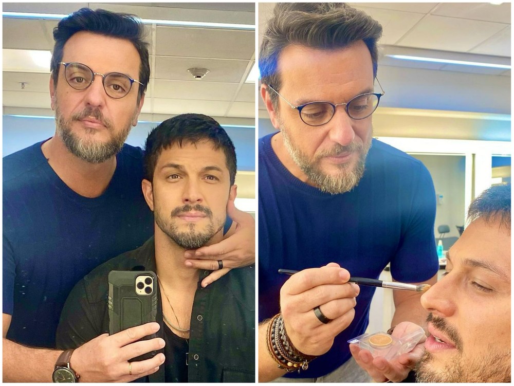 Rodrigo Lombardi faz maquiagem de Rômulo Estrela nos bastidores de 'Travessia'