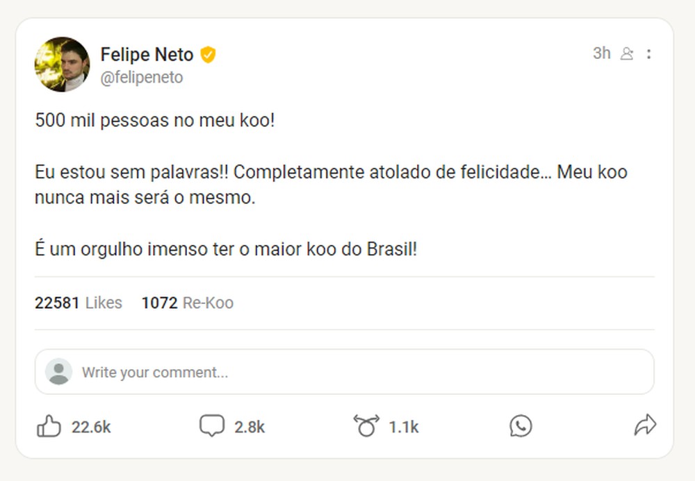 Felipe Neto comemora 500 mil seguidores na rede social Koo: 'Atolado de felicidade'