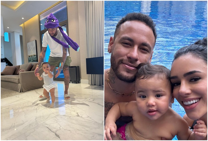 Neymar Jr. posa com Mavie e Bruna Biancardi e web reage a fofura da menina
