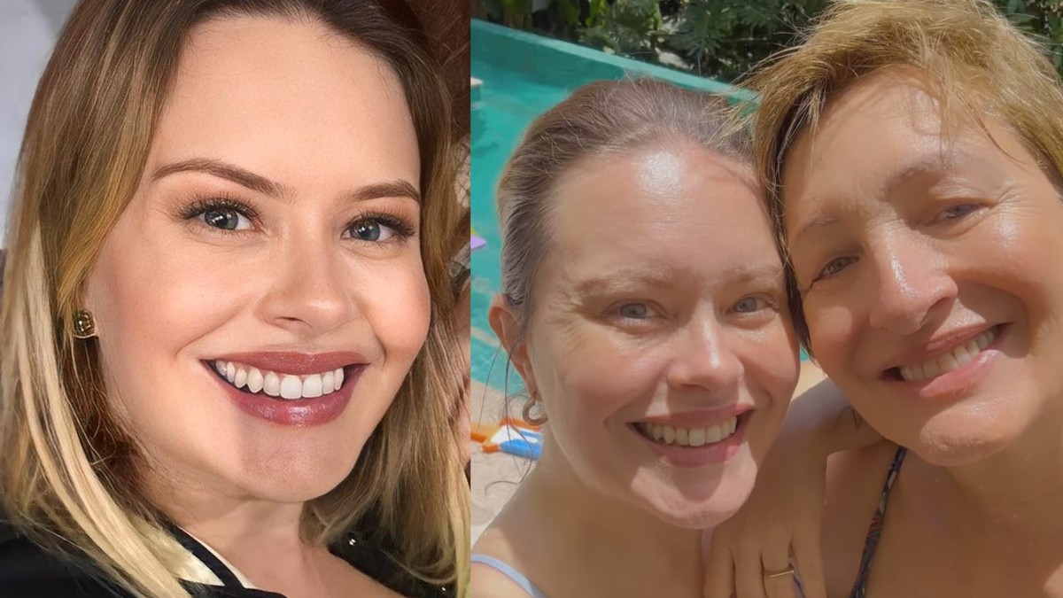 Mari Bridi se refresca na piscina com a mãe, Sônia Bridi: 'Dia perfeito'