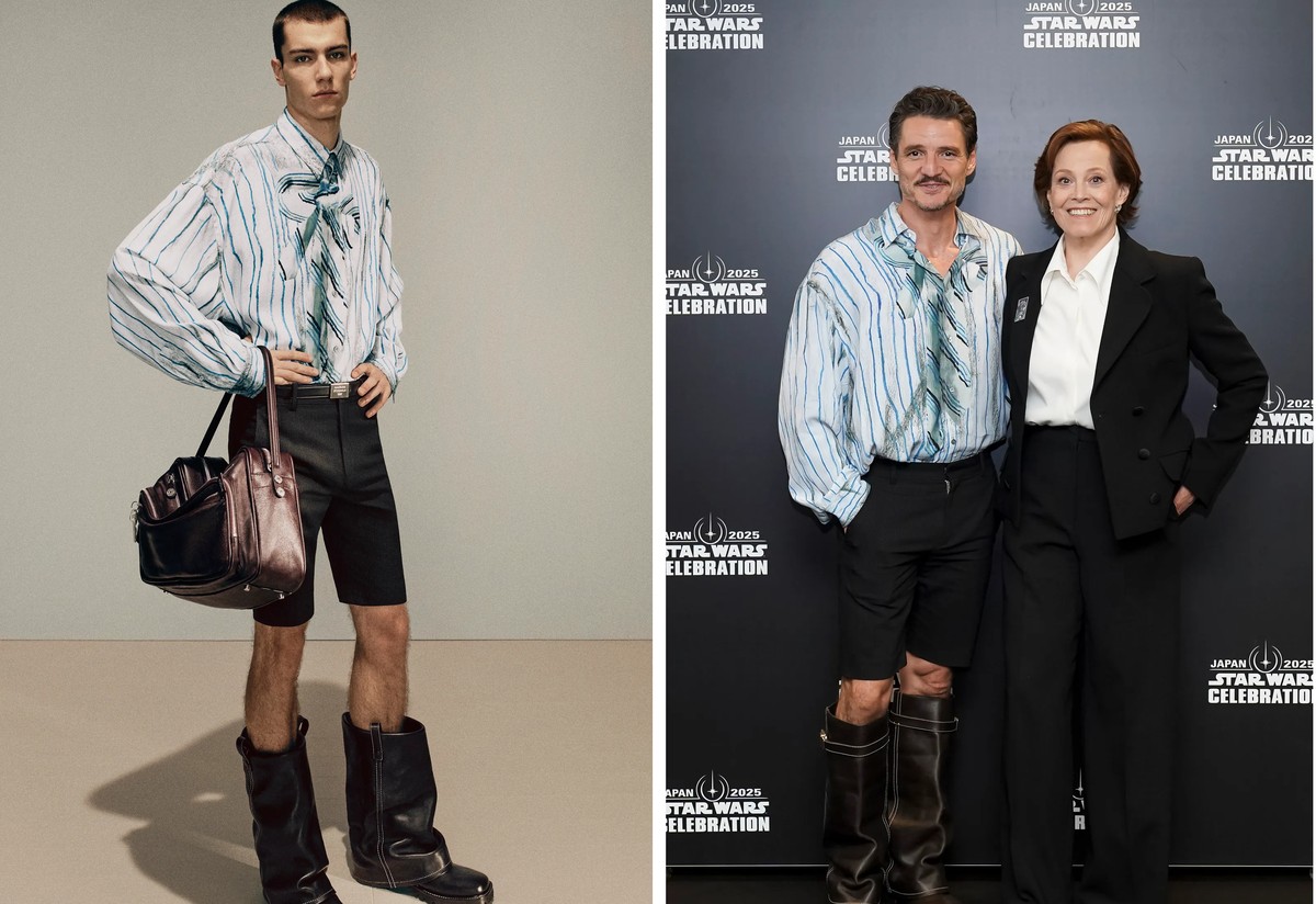 Pedro Pascal desfila com joelhos de fora em convenção do Star Wars