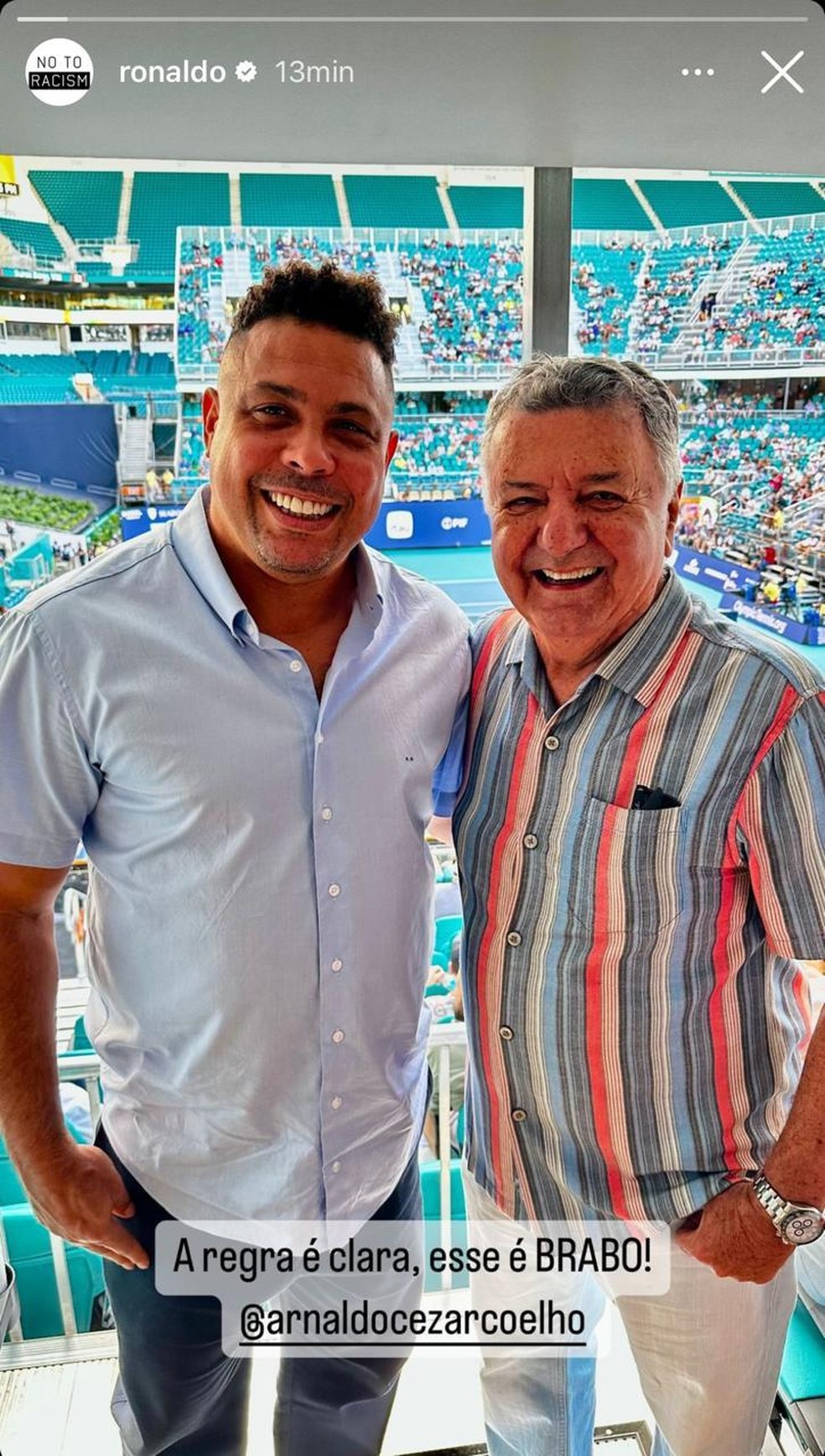 Ronaldo posa ao lado de Arnaldo Cezar Coelho no Miami Open: 'Esse é brabo'