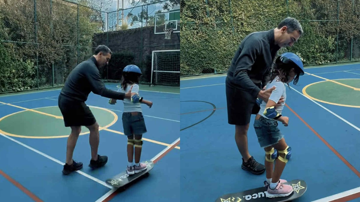 Cesar Tralli ajuda a filha, Manuella, a andar de skate: 'Família que ...