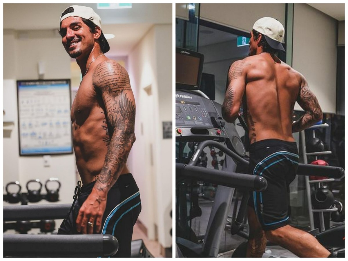 Gabriel Medina corre na esteira sem camisa e mostra preparação física