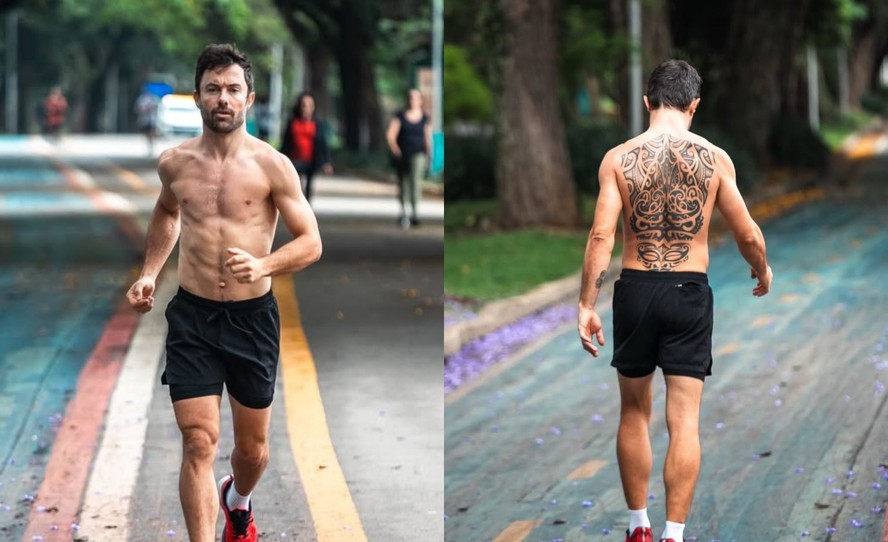 Kayky Brito exibe tatuagem nas costas em treino matinal sem camisa