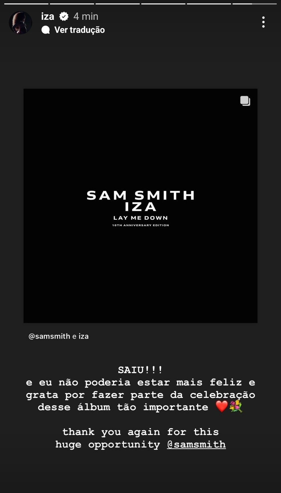 Iza celebra parceria musical com Sam Smith: 'Não poderia estar mais feliz'